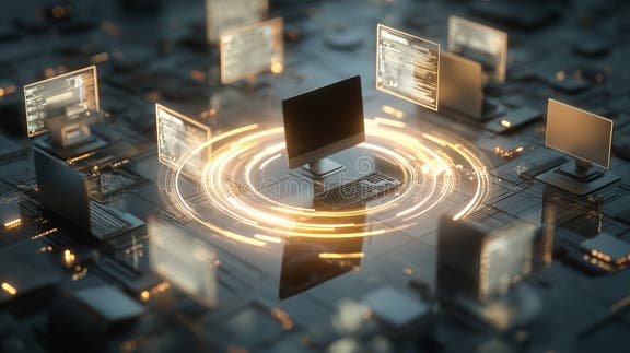 Central Computer Surrounded by Digital Data Network Rings Stock ...