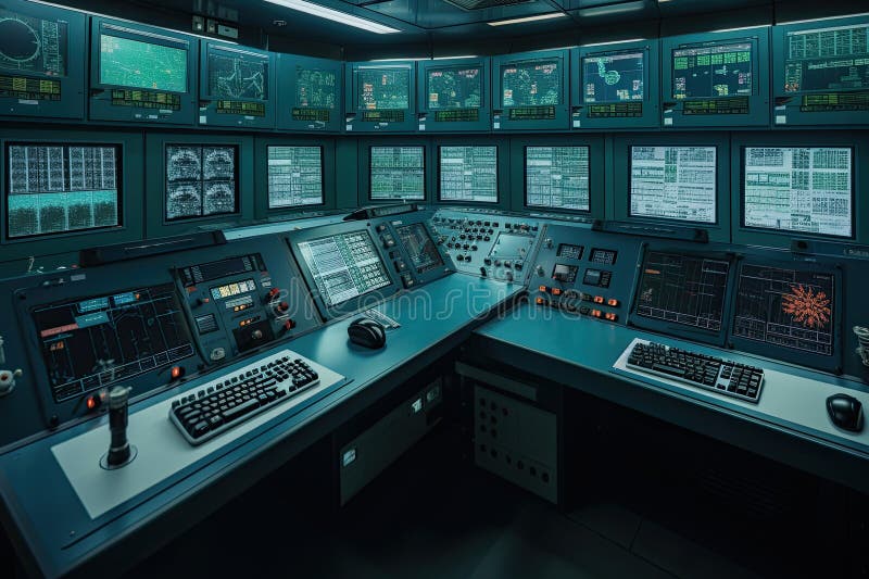 Central Control Panel. Operator Workplace with a Lot of Screens and ...