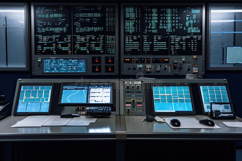 Central Control Panel. Operator Workplace with a Lot of Screens and ...