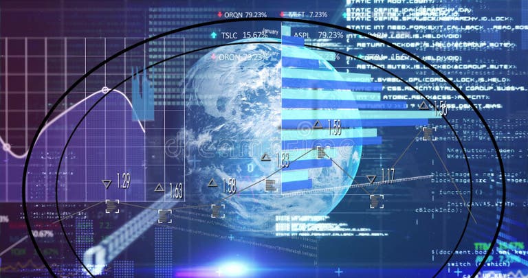 Central Earth Globe Rotating on Dashboard, with Bar Charts, Line Graphs ...