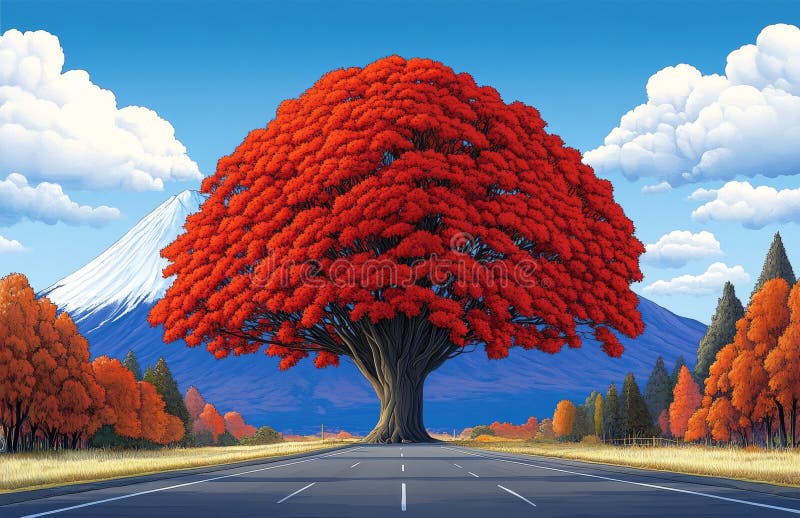 The Central Element of the Picture is a Big Red Tree, with a Mountain ...