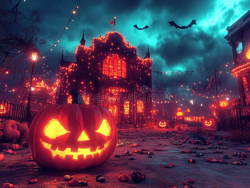 Central Empty 3D Podium with Glowing Jack-o -lanterns, Surrounded by ...