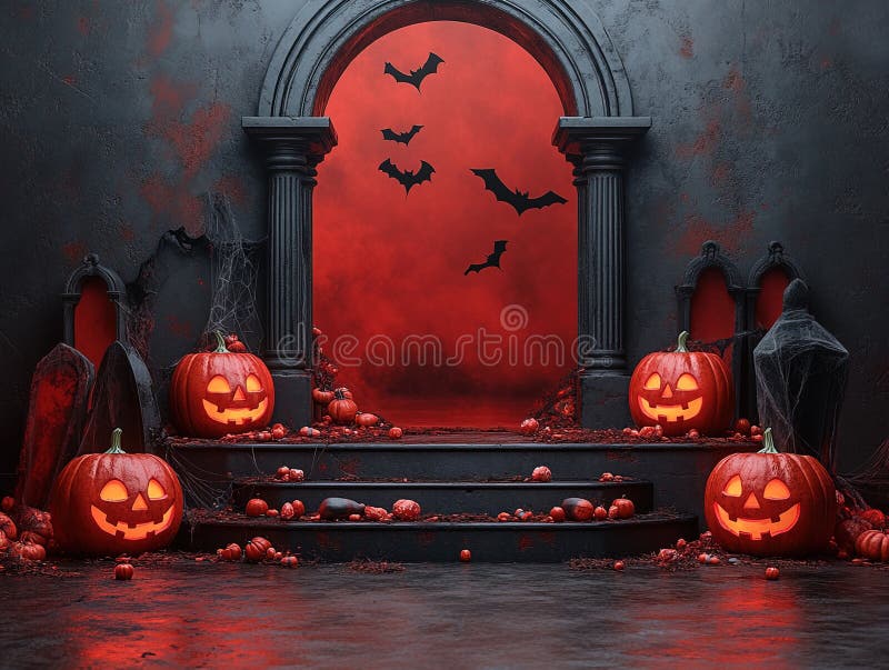 Central Empty 3D Podium with Jack-o -lanterns on Either Side, Framed by ...
