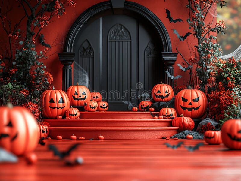 Central Empty 3D Podium with Jack-o -lanterns on Either Side, Framed by ...