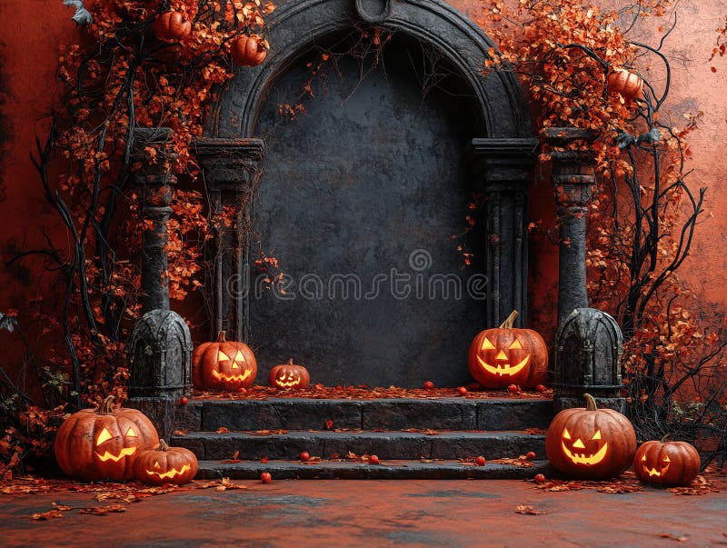 Central Empty 3D Podium with Jack-o -lanterns on Either Side, Framed by ...