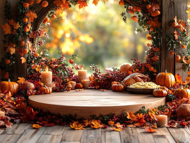 Central Empty 3D Podium Surrounded by a Cozy Fall Setting with a ...