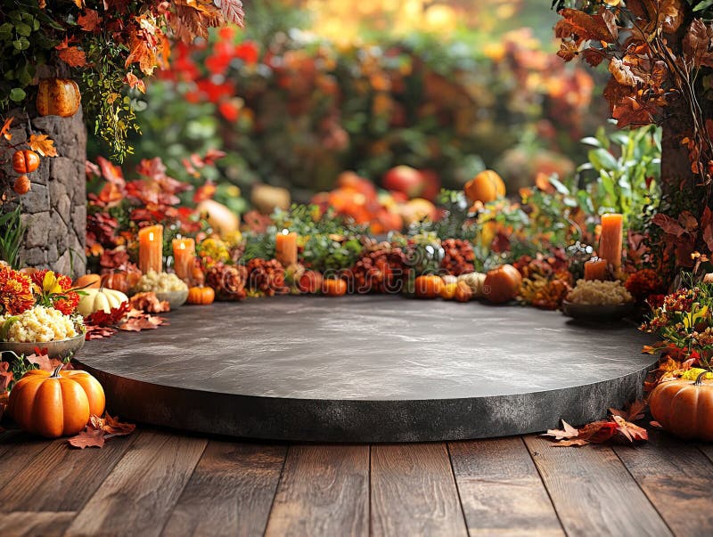 Central Empty 3D Podium Surrounded by a Cozy Fall Setting with a ...