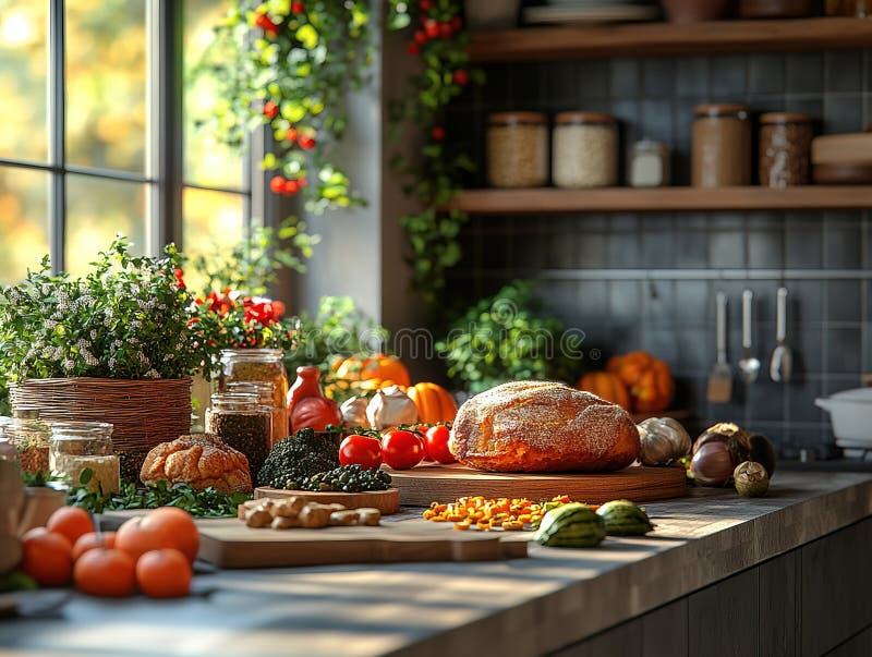 Central Empty 3D Podium in a Thanksgiving Kitchen Setting with ...