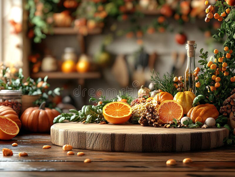 Central Empty 3D Podium in a Thanksgiving Kitchen Setting with ...