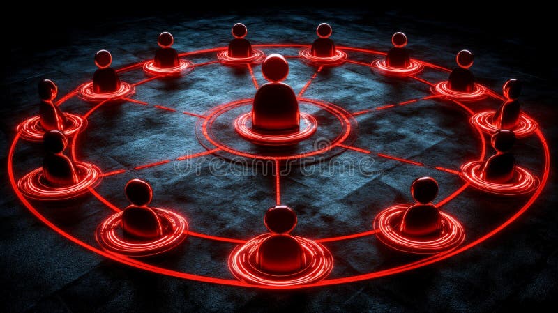 Central Glowing Red Node Surrounded by a Network of Smaller Nodes ...