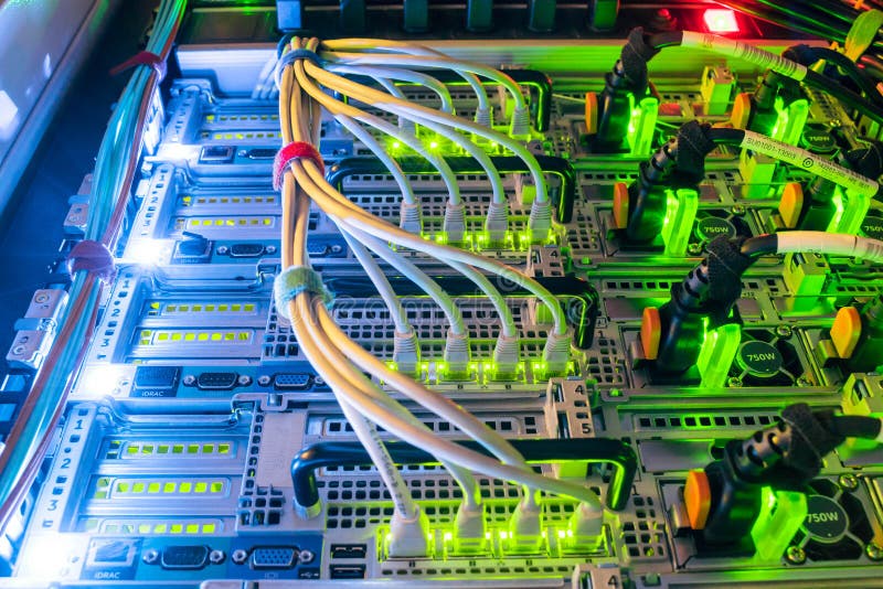 Back of the Powerful Computer Servers Installed in the Rack. Electrical ...