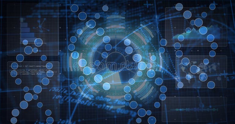 Central Interface Glowing on Blue Grid with Node Clusters, Code, Bar ...