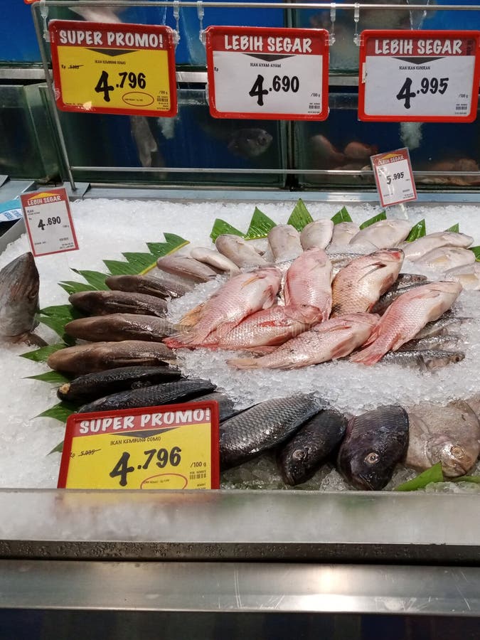 Fresh Seafood, Raw Fish are Arranged on Ice Cubes and Banana Leave on ...