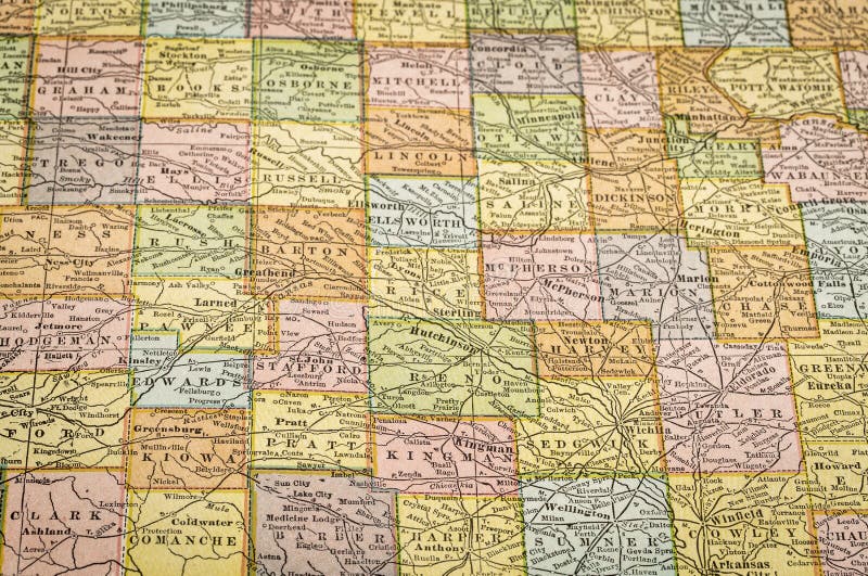 Central Kansas on Vintage Map Stock Photo - Image of vintage, wichita ...