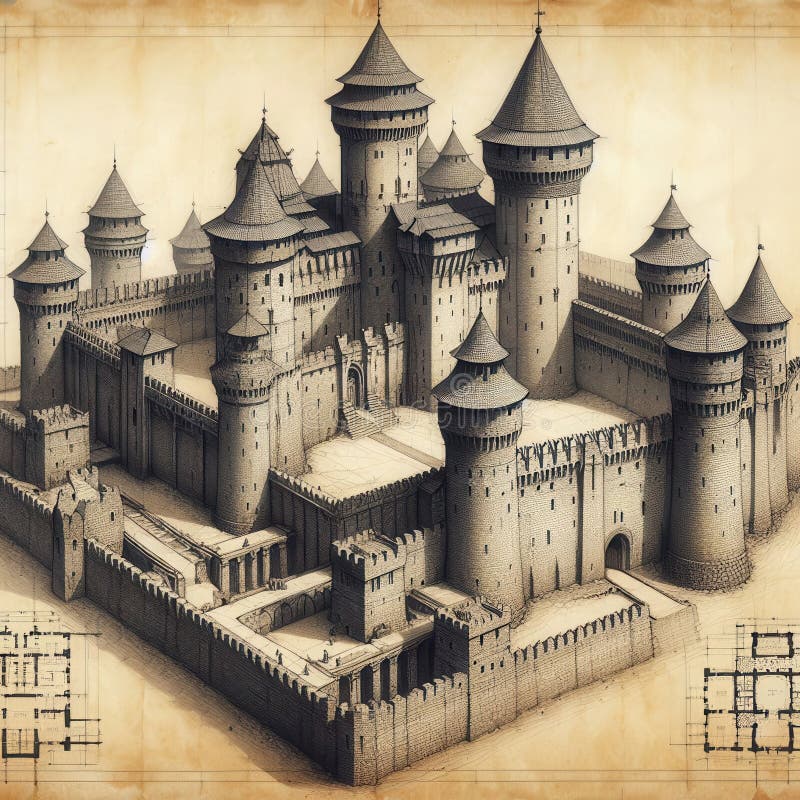 Central Keep and Towers in Castle Draft Stock Illustration ...