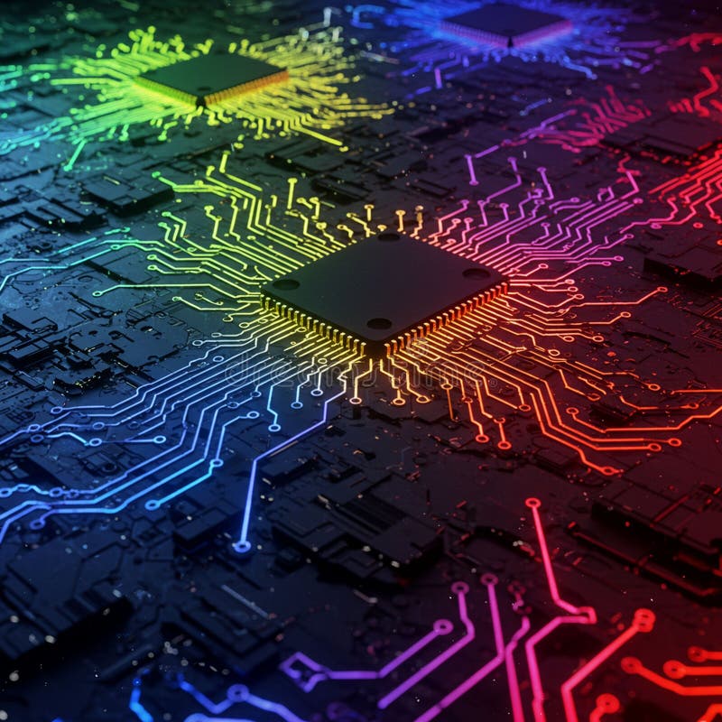 A Central Microchip on a Circuit Board Features Vibrant, Multicolored ...