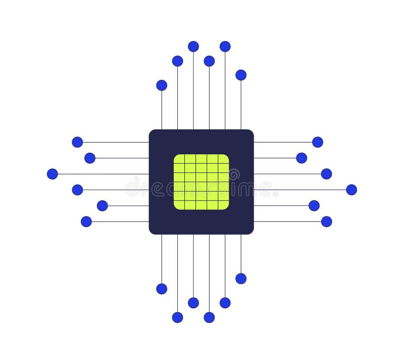 Central Microchip with Extending Circuit Nodes 2D Cartoon Object Stock ...
