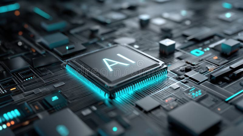 Stylized Microchip with AI Label at Center and Minimal Technological ...