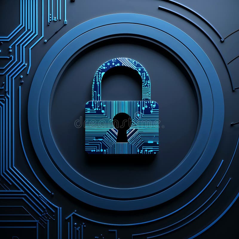 Central Padlock with Blue Circuit Design on Dark Background Stock ...