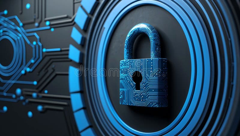 Central Padlock with Blue Circuit Design on Dark Background Stock ...