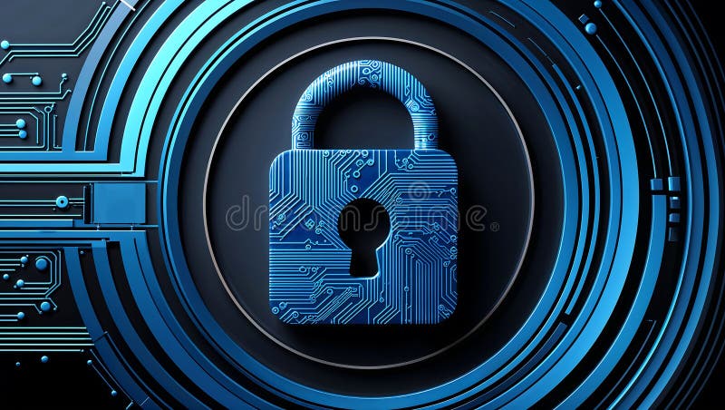 Central Padlock with Blue Circuit Design on Dark Background Stock ...