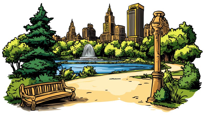 Central Park in New York. Vector Comic Hand-drawn Illustration of ...