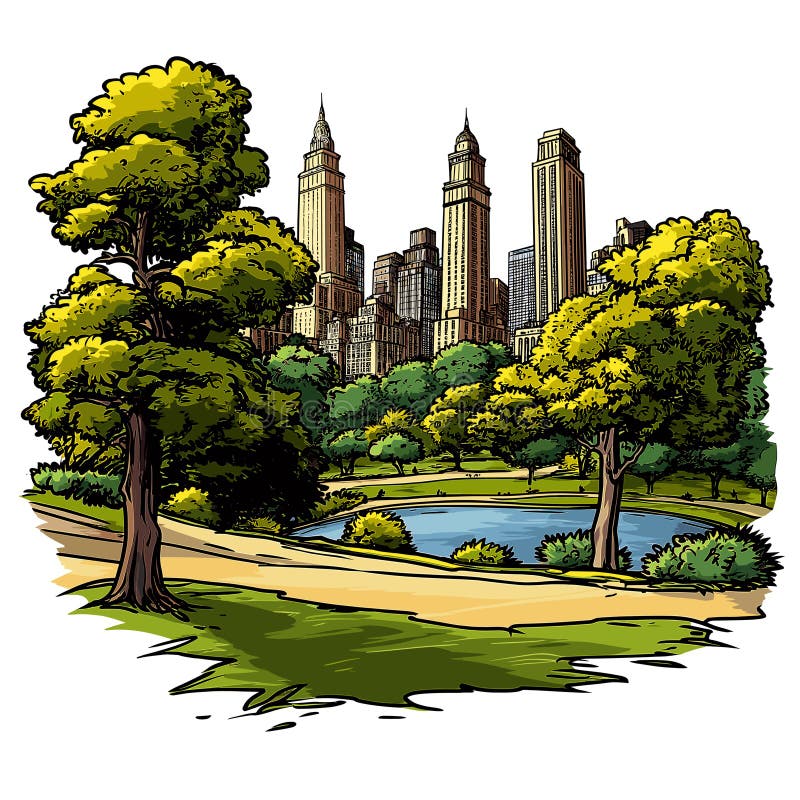 Central Park in New York. Vector Comic Hand-drawn Illustration of ...