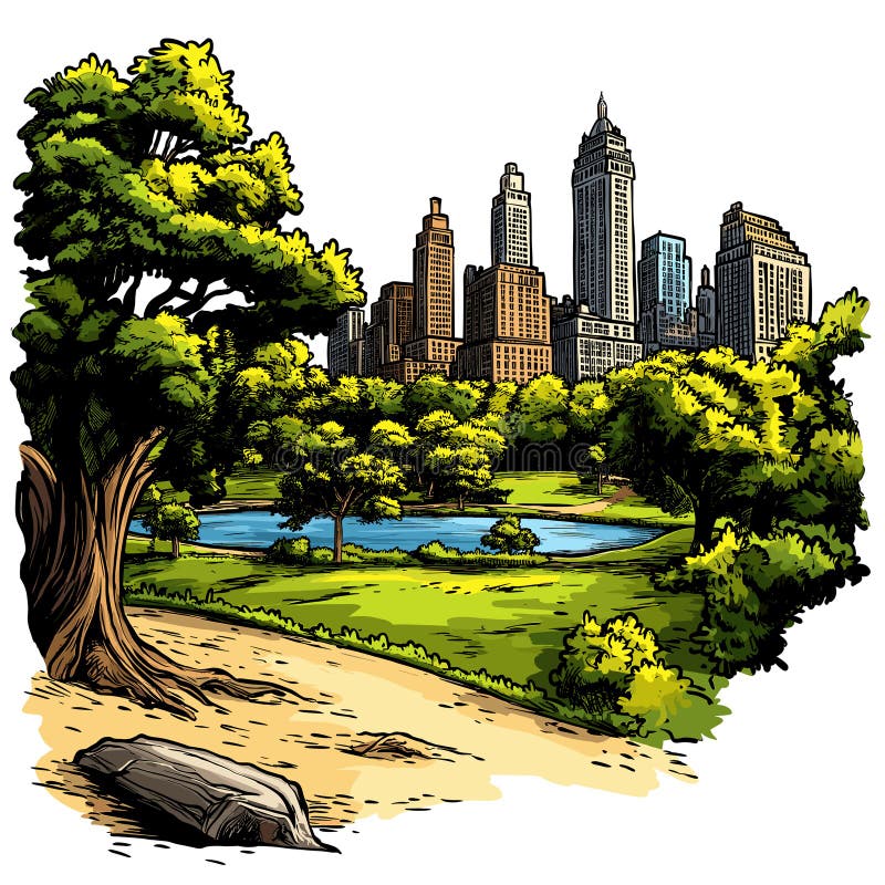 Central Park in New York. Vector Comic Hand-drawn Illustration of ...