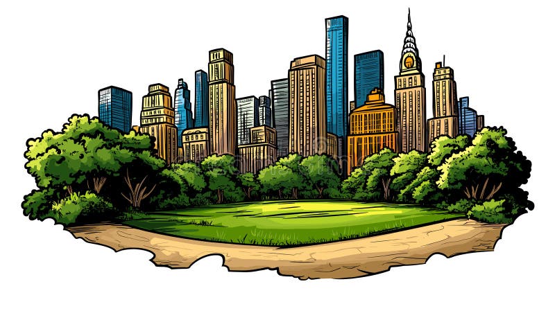Central Park in New York. Vector Comic Hand-drawn Illustration of ...