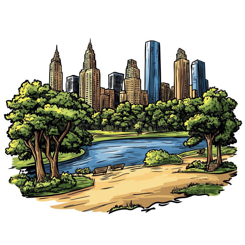 Central Park in New York. Vector Comic Hand-drawn Illustration of ...