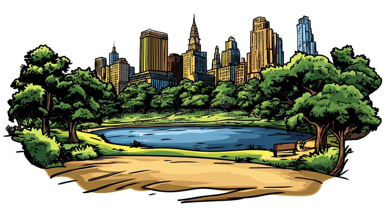 Central Park in New York. Vector Comic Hand-drawn Illustration of ...