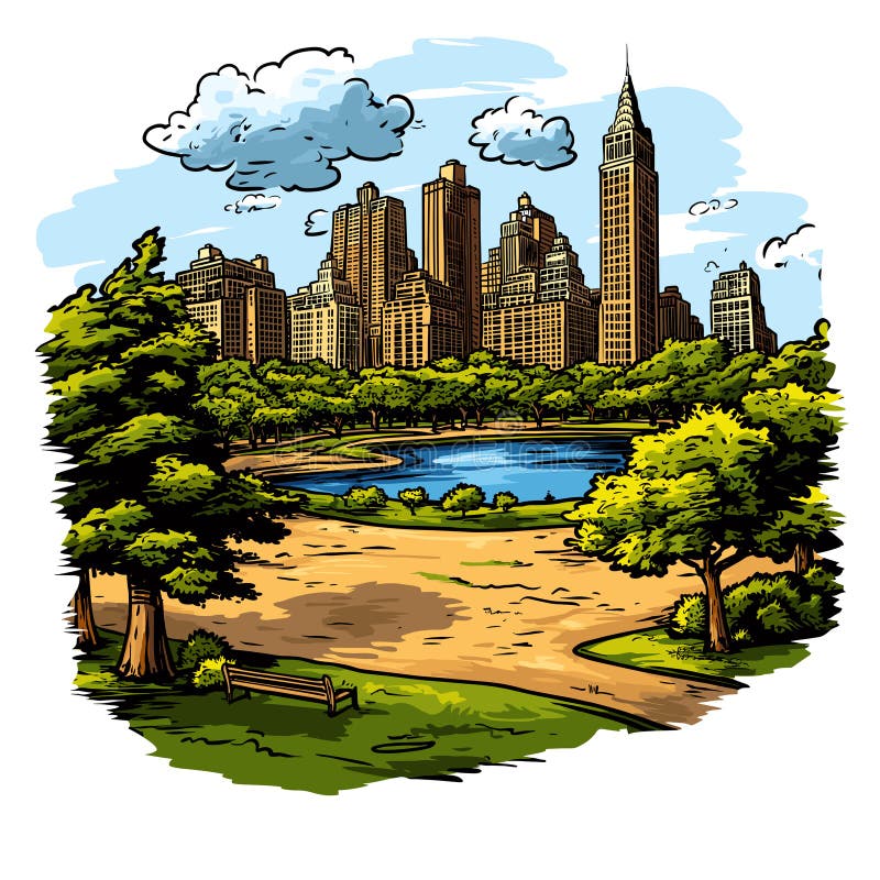 Central Park in New York. Vector Comic Hand-drawn Illustration of ...