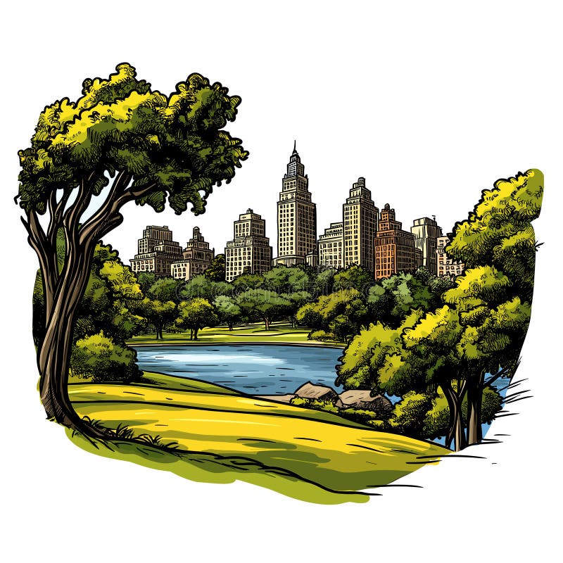 Central Park in New York. Vector Comic Hand-drawn Illustration of ...