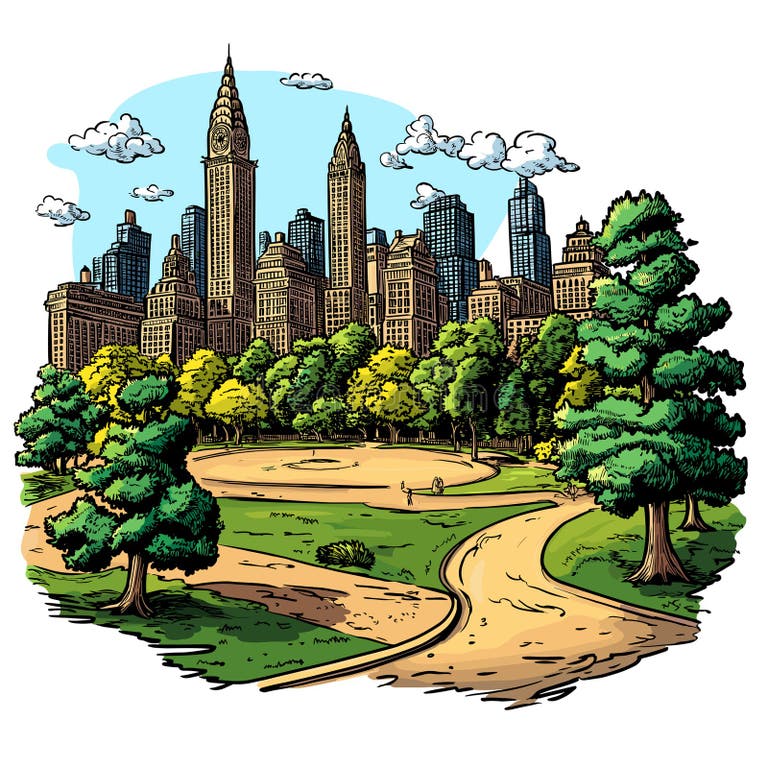 Central Park in New York. Vector Comic Hand-drawn Illustration of ...