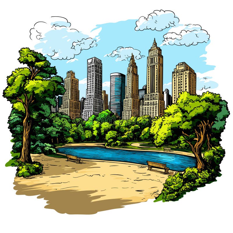 Central Park in New York. Vector Comic Hand-drawn Illustration of ...