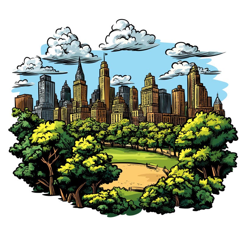 Central Park in New York. Vector Comic Hand-drawn Illustration of ...