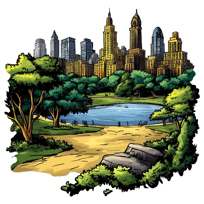 Central Park in New York. Vector Comic Hand-drawn Illustration of ...