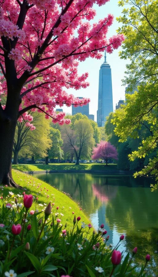 Central Park S Vibrant Spring Blossoms, Lush Greenery , Urban Park ...