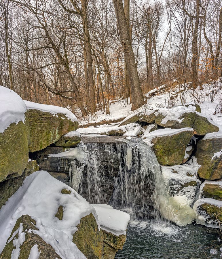 Central Park in Winter , Waterfall in the Park Stock Photo - Image of ...