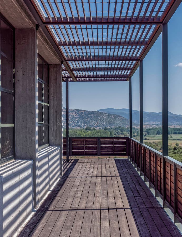 Central Perspective of a Modern Building Terrace with a View of Distant ...