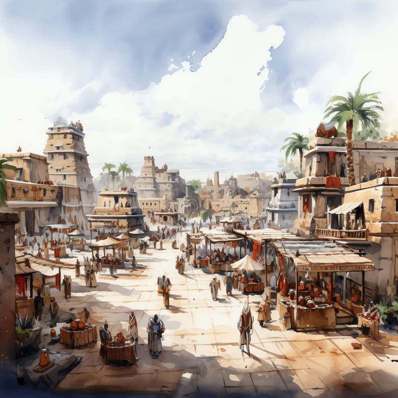 Central Plaza with an Aztec Market and Bustling Activity Illustration ...