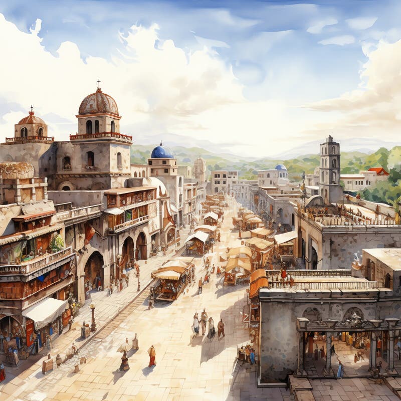 Central Plaza with an Aztec Market and Bustling Activity Illustration ...