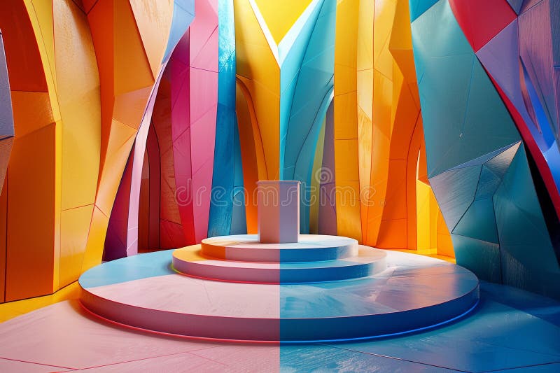 A Central Podium Stage in a Dynamic, Multi-colour Abstract Setting with ...