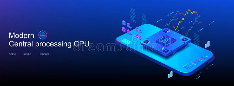 Central Powerful Processor Processor with a Mobile Phone in Axonometric ...