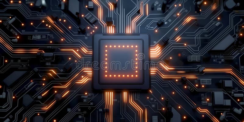 Central Processing Unit Close-Up with Orange Neon Lights on Circuit Board Background. Concept of ...
