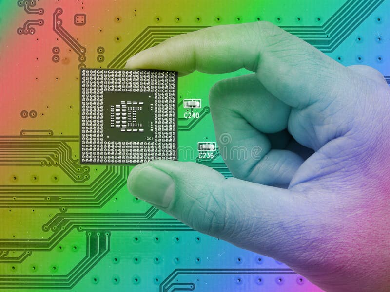 Central Processing Unit (CPU) in Hand on Printed Green Computer Stock ...