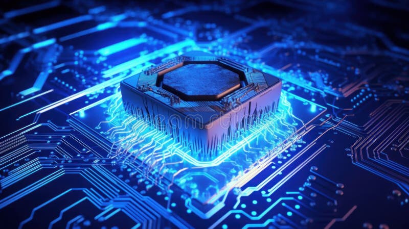Central Processing Unit Electronic Circuit Board Blue Light of the Computer Stock Illustration ...