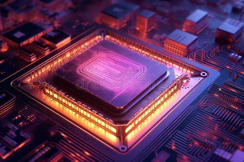 Central Processing Unit with Neon Lights Integrated Microchip on ...