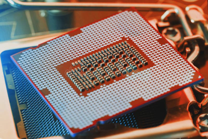 The Central Processor on the Computer Motherboard in Red Colors Stock ...