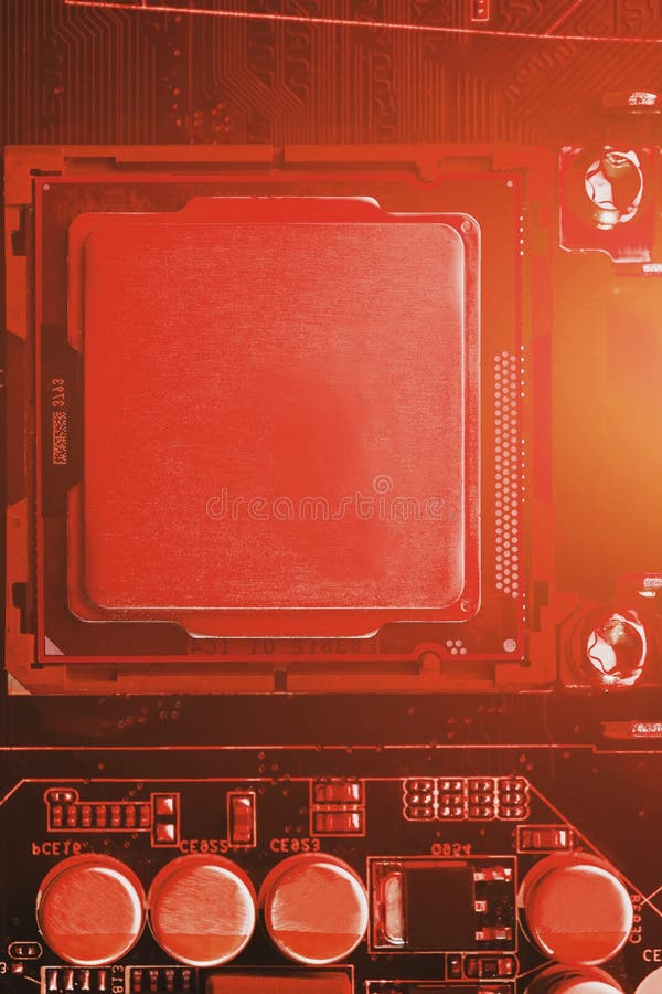 The Central Processor on the Computer Motherboard in Red Colors Stock ...